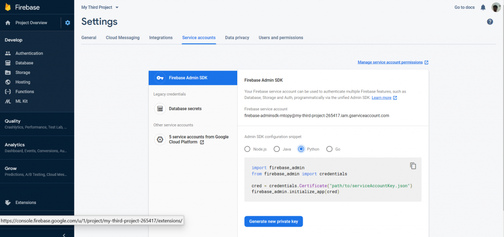 Setting up a Firebase database and connect it with Python Program