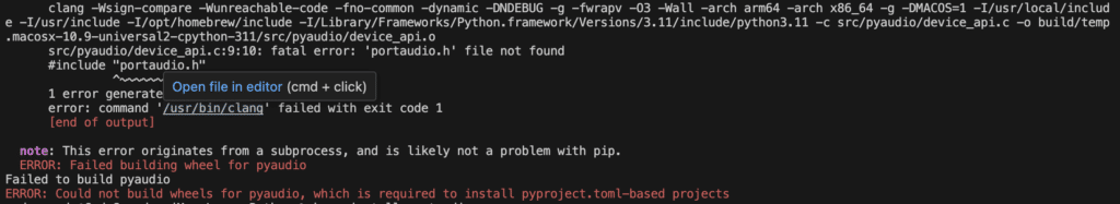 Fixed: ERROR: Could not build wheels for pyaudio, which is required to ...