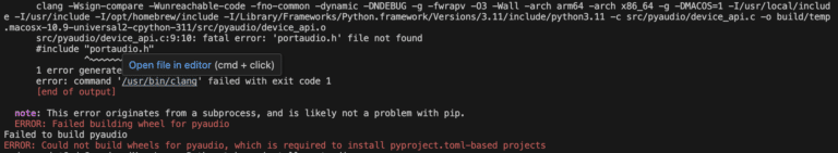 Fixed: ERROR: Could not build wheels for pyaudio, which is required to ...